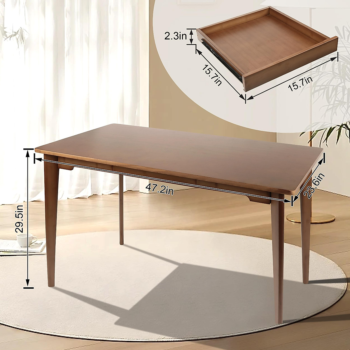 Maydear 47" Bamboo Multipurpose Study Writing Desk with Drawer, Modern Simple Computer & Laptop Table Dining Table for Bedroom, Living Room, Home and Office, Kitchen，Walnut
