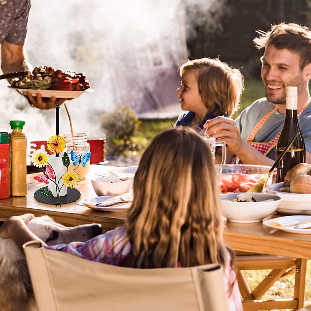 Starsoul Butterfly Sunflower Napkin Holder Black Metal Standing Paper Towel Holders Weighted Rustic Paper Roll Holder Decorative Paper Towel Holder Countertop for Kitchen