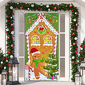 Christmas Gingerbread House Door Cover Gingerbread House Door Banner Candyland Gingerbread Man Holiday Decorations for Indoor Outdoor Christmas Theme Party Decor