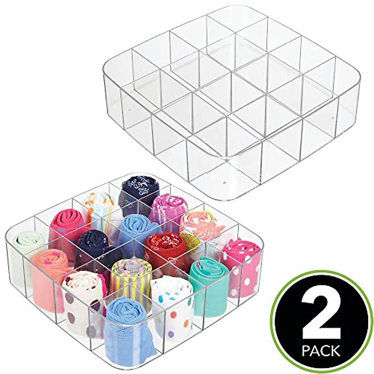 mDesign Plastic Closet Accessory Drawer Organizer for Dresser, Closet, Bedroom, Bathroom, Entryway, Office - Store Belts, Ties, Socks, Watches - 16 Sections- 2 Pack - Clear