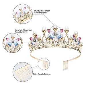 Makone Girls Tiara Butterfly Princess Crown with Comb Gold Pearl Headband Rhinestone Hair Accessories for Halloween Birthday Wedding Bridal Prom Christmas Gifts