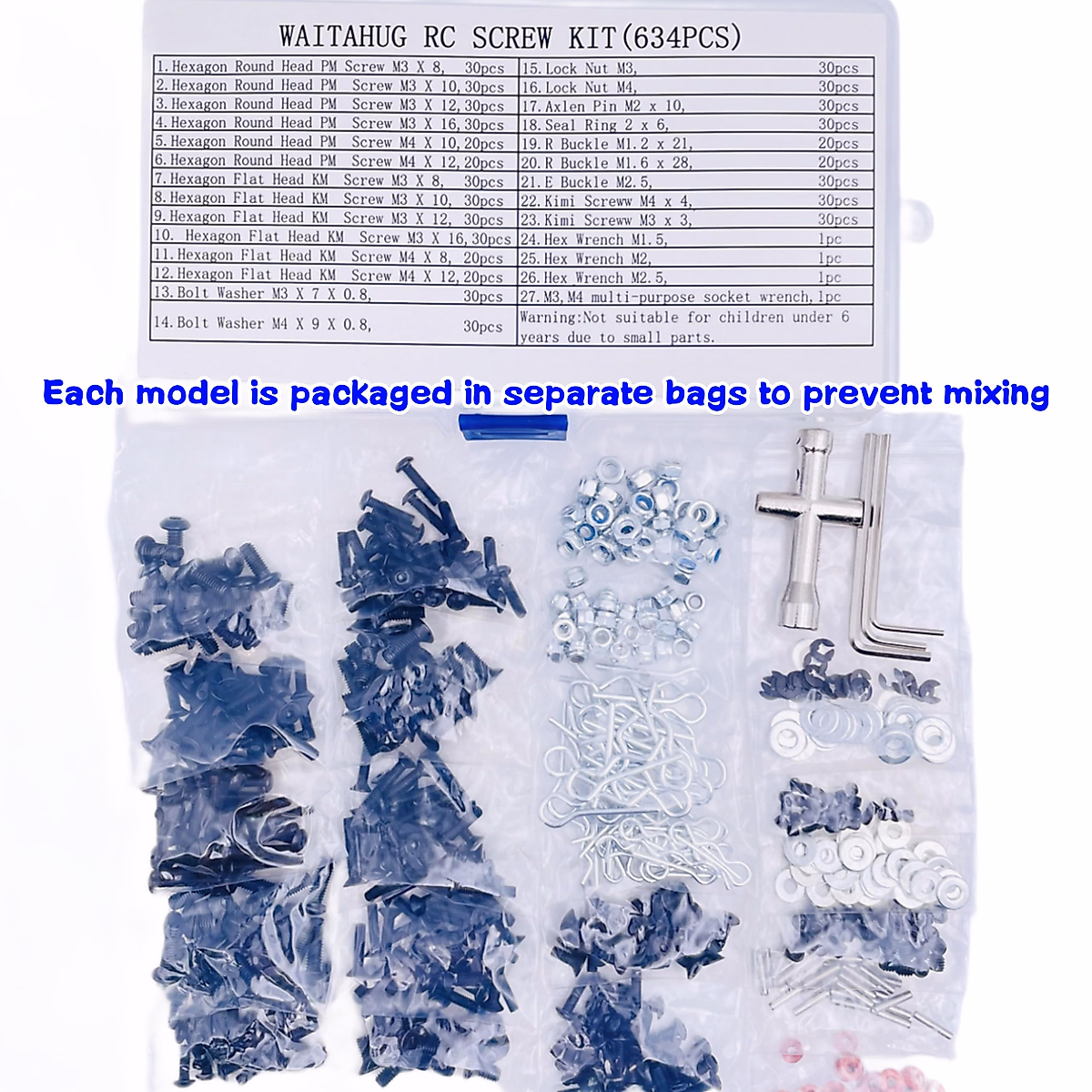 634pcs Universal RC Screw Assortment kit-Fasteners for Traxxas Axial Redcat HPI Arrma SCX10 Losi Scale RC Cars-1/8 1/10 1/12 RC truck,tracked car,remote control car, repair tools for off-road vehicles