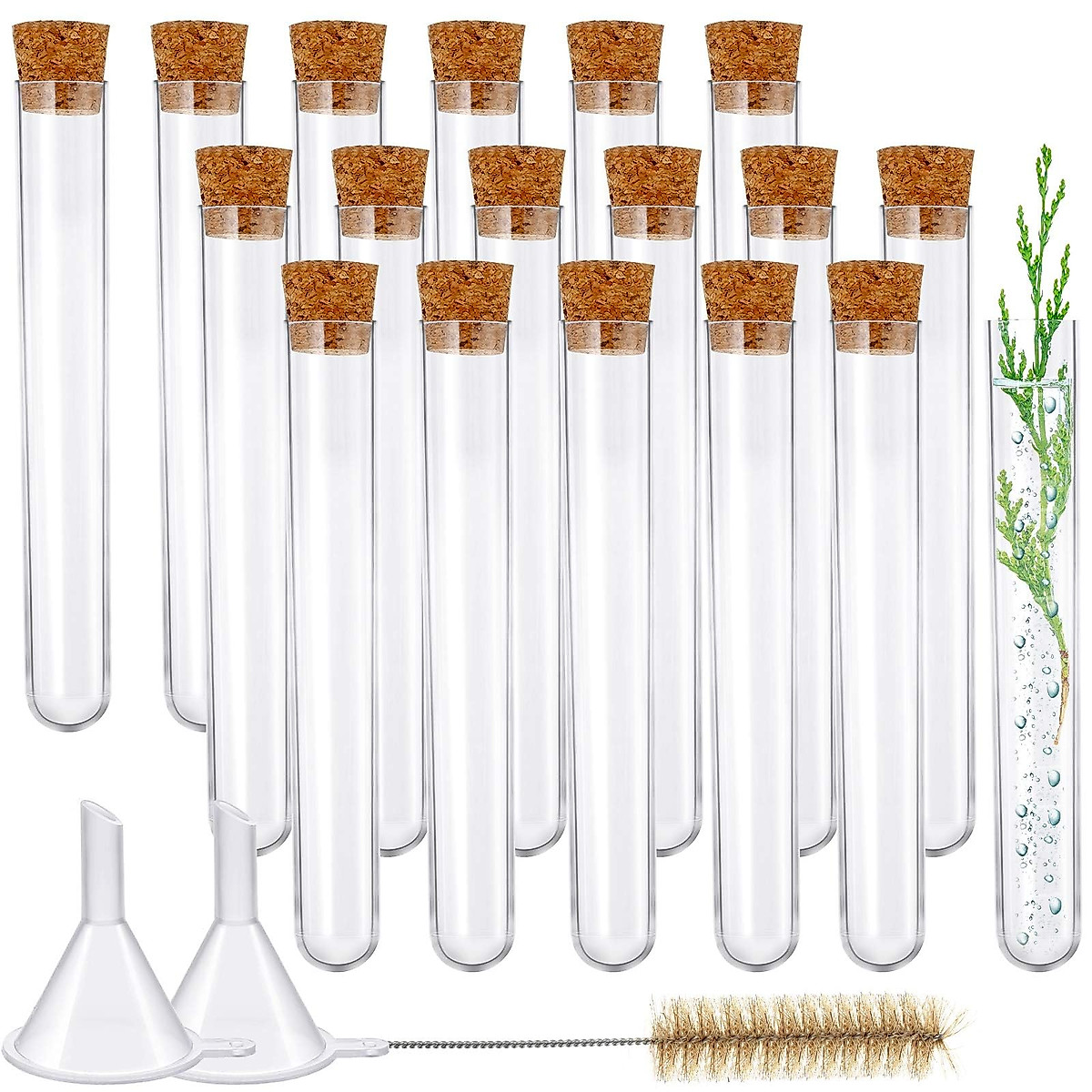 Weewooday 20 Pieces Plastic Test Tubes with Cork Stoppers and 2 Funnels, 1 Brush for Halloween Science Party, Christmas Candy Bath Salt Storage Containers (15 x 100 mm, 10 ml)