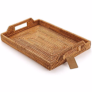 Hand-Woven Rattan Rectangular Serving Tray with Handles for Breakfast, Drinks, Snack for Coffee Table (14.5x10.2x1.4inches)