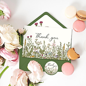 Whaline 24 Pack Vintage Wild Floral Thank You Cards Bulk Retro Botanical Green Leaves Herbs Greeting Cards with Envelope Sticker for Birthday Wedding Baby Shower Bridal Shower