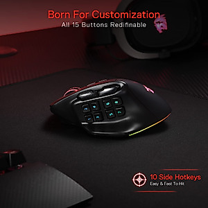 Redragon M811 PRO Wireless MMO Gaming Mouse, 15 Programmable Buttons RGB Gamer Mouse w/Ergonomic Natural Grip Build, 10 Side Macro Keys, Software Supports DIY Keybinds & Backlit