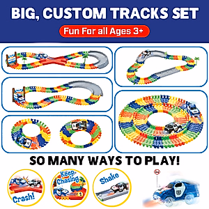 142 Pieces Police Patrol Chase Create a Road Super Snap Speedway - Magic Journey Flexible Track Set with LED Light Up Toy Cars