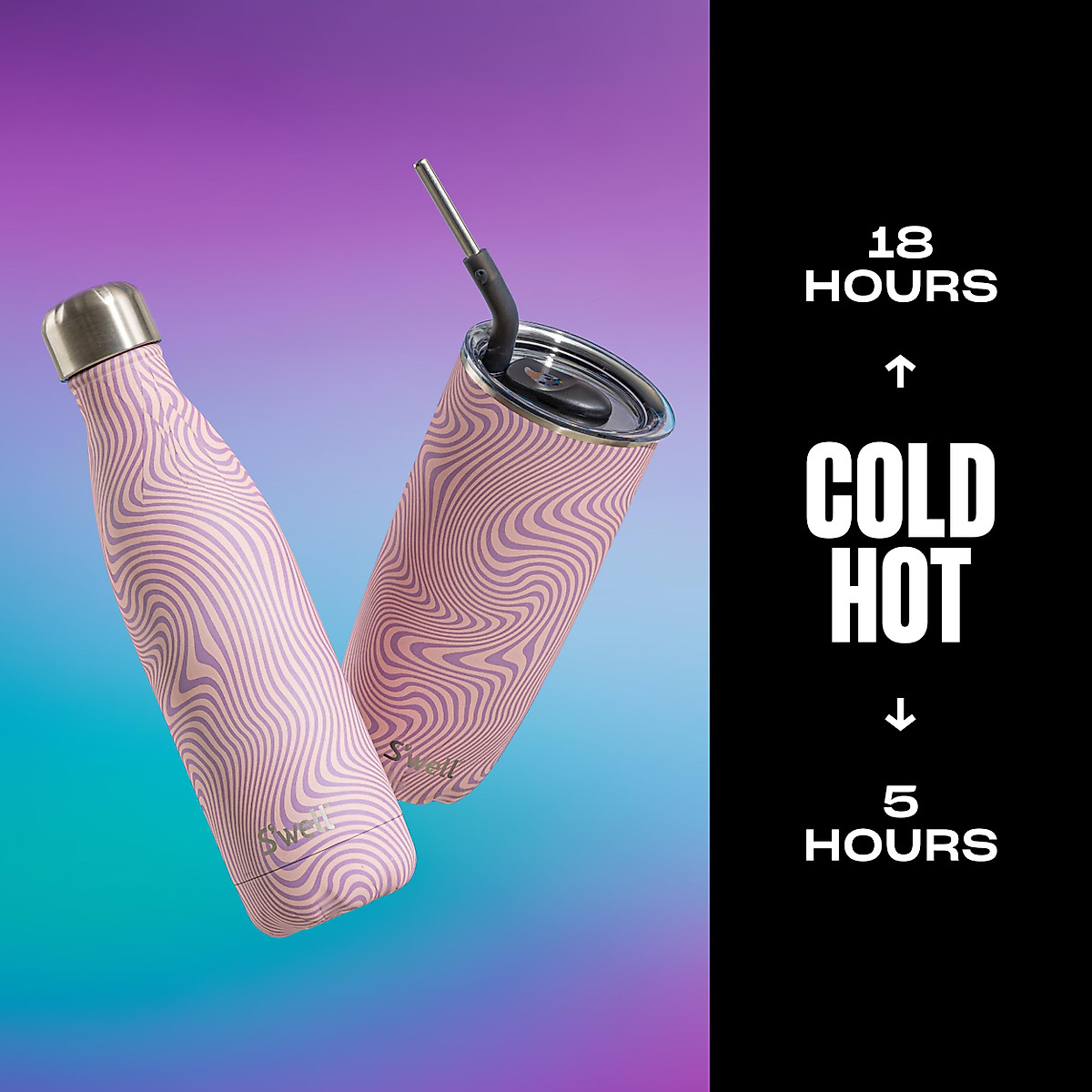 S'well Stainless Steel Tumbler with Straw and Slide-Open Lid, 24oz, Lavender Swirl, Triple Layered Vacuum Insulated Containers Keeps Drinks Cold for 18 Hours and Hot for 5, BPA Free