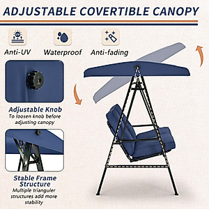 U-MAX 2 Seat Outdoor Patio Swing Chair for Adults, Porch Swings with Adjustable Canopy, Outside Swing Bench with Removable Cushion, Suitable for Backyard, Garden, Yard, Poolside, Balcony (Blue)