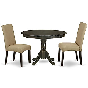 East West Furniture HLDR3-CAP-03 3 Piece Dining Room Table Set Contains a Round Dining Table with Pedestal and 2 Brown Linen Fabric Upholstered Parson Chairs, 42x42 Inch, Cappuccino