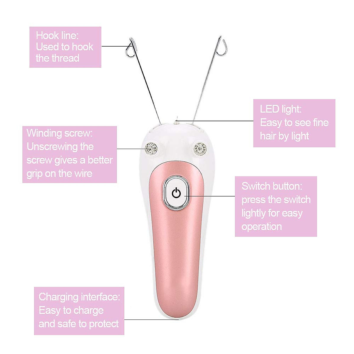 Electric Hair Removal Body Facial Threading Epilator with Cotton Thread Rechargeable Physical Threader Hair Shaver(Pink)