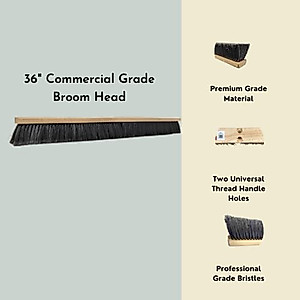 Bristles 4036 36” Indoor Push Broom Head – Heavy Duty Hardwood Block, Flagged Polypropylene Fiber Bristles, Brown