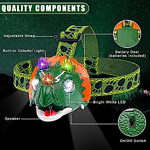 Triceratops LED Headlamp - Dinosaur Headlamp for Kids Camping Essentials | Dinosaur Toy Head Lamp Flashlight for Boys Girls or Adults | Ideal Gift for Birthday, Halloween, Christmas, New Year