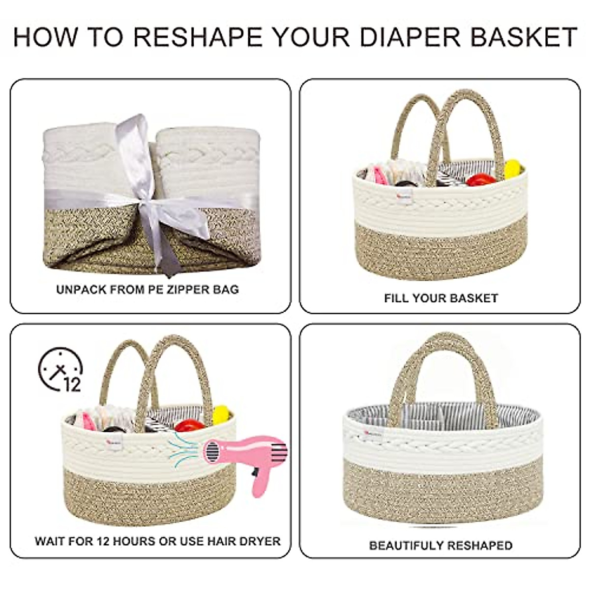 Celesto Baby Diaper Caddy Organizer – Nursery Storage Bin - Car Organizer for Diapers - Changing Table Organizer Basket - Shower storage Gift - Cotton Canvas Portable Diaper Storage Basket (Beige)