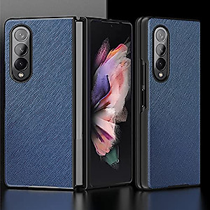 ZYKY Phone Case for Galaxy Z Fold 3, Genuine Leather Protection Cover PC Hard Shockproof Back Cover Protector Case Shell Compatible with Samsung Galaxy Z Fold 3 5G (Blue)