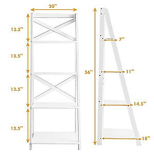 Tangkula 4-Tier Ladder Shelf Bookcase Leaning Free Standing Wooden Frame Decor Bookshelf Storage Flower Shelf Plant Display Shelf for Home Office (White, 2)