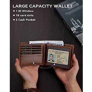 Swallowmall Mens Wallet RFID Genuine Leather Bifold Wallets For Men, ID Window 16 Card Holders Gift Box (Brown (No Zipper))