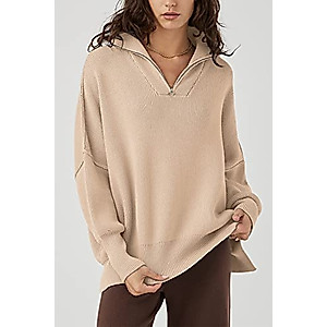 PRETTYGARDEN Women's 2023 Fall Pullover Oversized Sweaters Casual Long Sleeve Zip Up Collared Winter Tops Blouse (Apricot,Small)