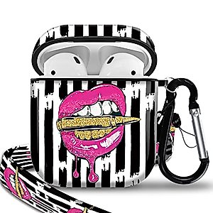 Airpods Case Cover Compatible with Apple Airpods 1 & 2,Fully Protected Shockproof 3D Cute Funny Cool Cartoon case with Keychain Clip Carabiner and Lanyard Support Wireless Charging (Purple Lips)