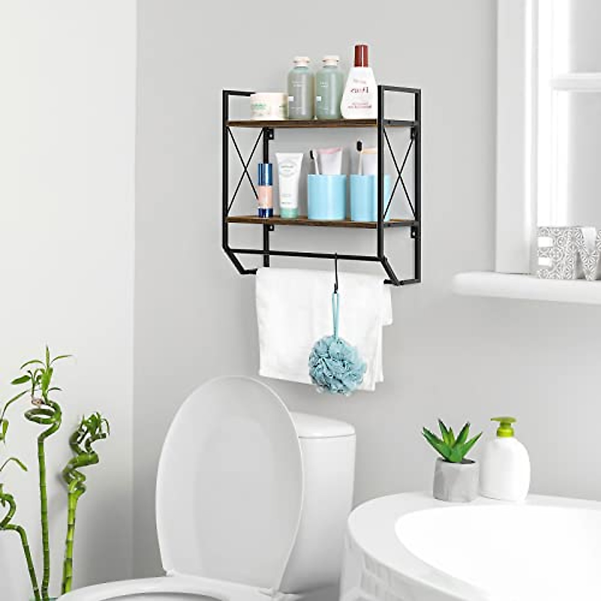 Bathroom Wall Shelf Wall Mounted Industrial 2 Tier Wood Bathroom Towel Rack with Towel Bar, 5 Metal Hooks Rustic Wall Hanging Toilet Storage Shelf for Kitchen, Bathroom, Brown