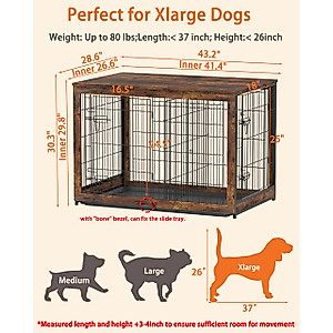 Piskyet Wooden Dog Crate Furniture with Divider Panel, Dog Crate End Table with Fixable Slide Tray, Double Doors Dog Kennel Indoor for Dogs(XL:43.2" L * 28.6" W * 30.3" H,Rustic Style)