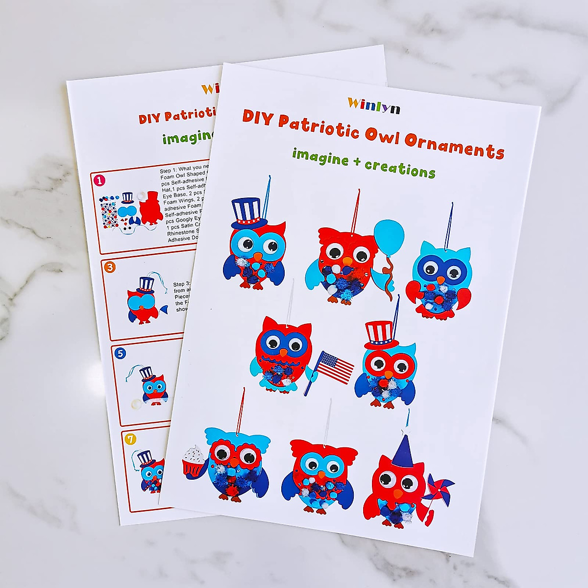 Winlyn 24 Sets 4th of July Patriotic Owl Ornaments Decorations DIY Patriotic Craft Kits Owl Red White Blue USA Flag Pinwheel Stickers Googly Eyes for Kids Favors Classroom Home Activity Art Project