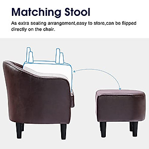 MCombo Modern Accent Club Chair, Tub Barrel Chair with Ottoman, Faux Leather Armchair, for Living Room Small Space 4022 (Brown)