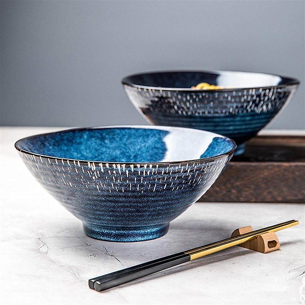 Threaded BowL 8" Ceramic Soup Bowl Ramen Bowl, Blue Thread Rice Bowl, Large Fruit Salad Bowl, Kitchen Tableware Cereal Bowl (Color : Blue2, Size : 8")