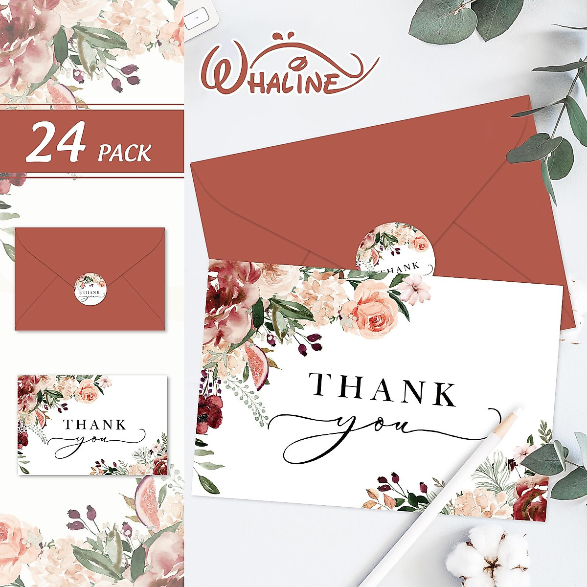 Whaline 24 Pack Floral Thank You Cards Bulk Watercolor Flower Thank You Note Cards with Envelopes Stickers for Fall Wedding Bridal Shower Birthday Invitation