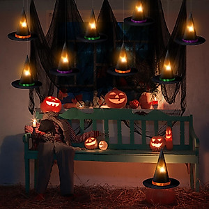 Halloween Hanging Witch Hats Decorations - 12PCS Black Witch Hats with Lights DIY Floating Witch Hats with 28PCS 3D Bats and Creepy Cloth for Kids Halloween Porch Tree Party Decorations
