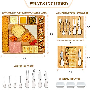Cheese Board and Knife Set, Bamboo Charcuterie Boards Large Extra Meat Charcuttery Platter Serving Tray for Housewarming Thanksgiving Personalized Holiday Christmas Birthday Wedding Party Gifts Ideas