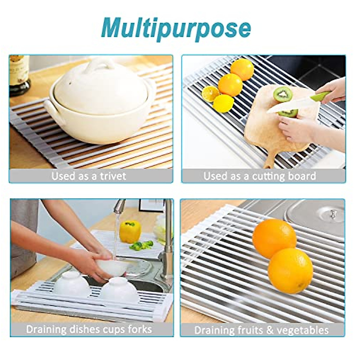 ZOIMINU Dish Drainer, White Roll Up Dish Drying Rack, Over Sink Drying Rack with Silicone-Coated, Heat-Resistant Anti-Slip Dry Rack for Dishes Cups Fruits Vegetables - 17" x 13.1"