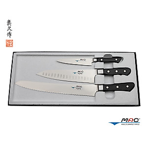 MAC Knife set Professional series 3-piece PRO-31, MTH-80 Pro series 8" Chef's knife w/dimples, PKF-50 Pro series 5" Paring knife, MSB-105 Pro series 10.5" Bread/Roast slicer, made in Japan