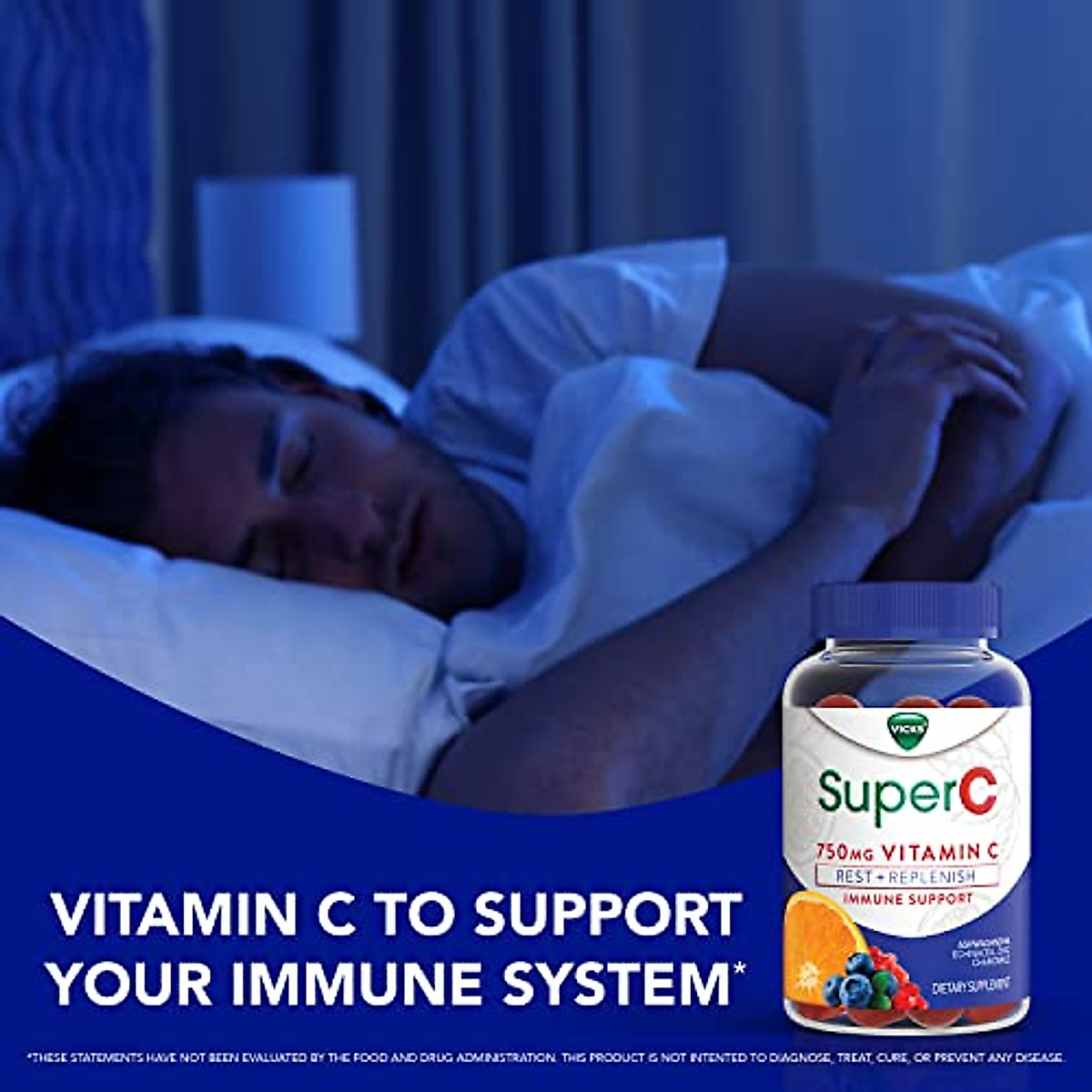 Vicks SuperC Vitamin C Gummies, Rest & Replenish, Immune Support (Vitamin C, Ashwagandha, Echinacea, Chamomile) Citrus Berry Flavored, 36 Gummies