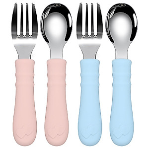 HAKSEN Baby Forks and Spoons Set, 4 PCS Child and Toddler Safe Flatware, Perfect Length for Baby Spoons Self Feeding, Stainless Steel Cutlery with Silicone Handle