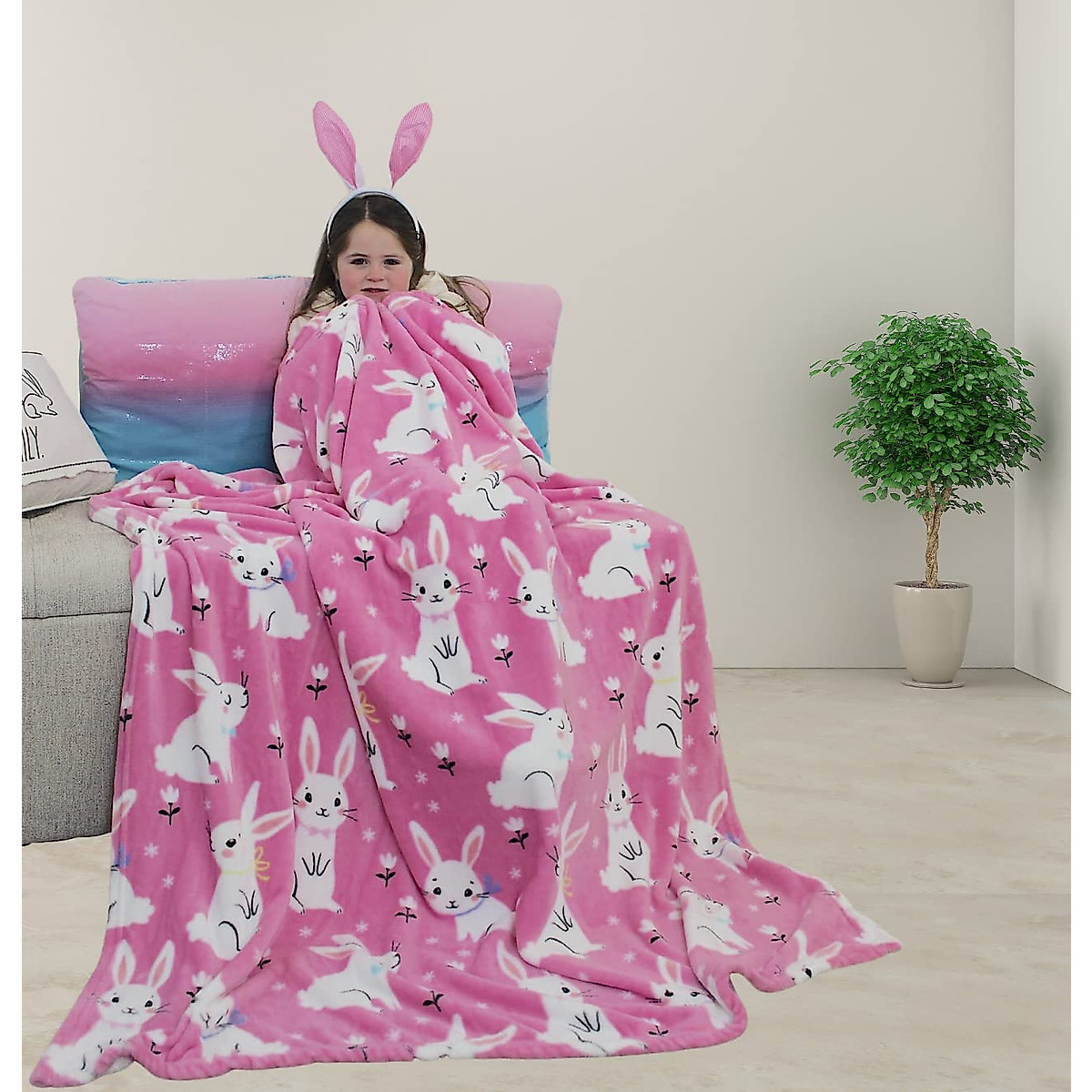 Spring Fleece Throw Blanket: Spring Bunnies and Flowers, Soft Cozy Velvet Fleece, Pink Blue White, 50" x 60" Inch for Girls and Boys (Spring Bunny)