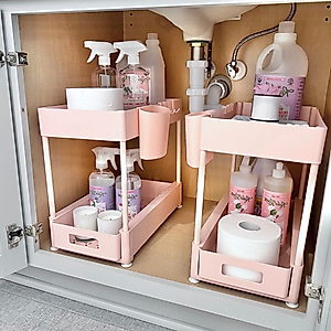 Under Sink Organizers and Storage, 2 Tier Cabinet Organizer with Sliding Pull Out Drawer, Multi-purpose Under Sink Organizer Shelf With Hooks for Bathroom Kitchen, Pink