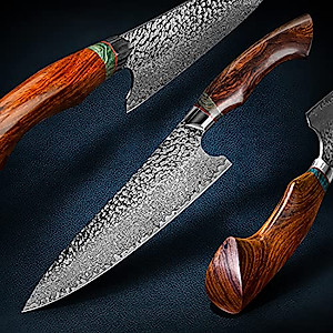 FZIZUO 8 inch damascus steel japanese chef knife,professional handmade desert Ironwood stabilized wood handle with sheath,cooking knives in home or restaurant kitchen