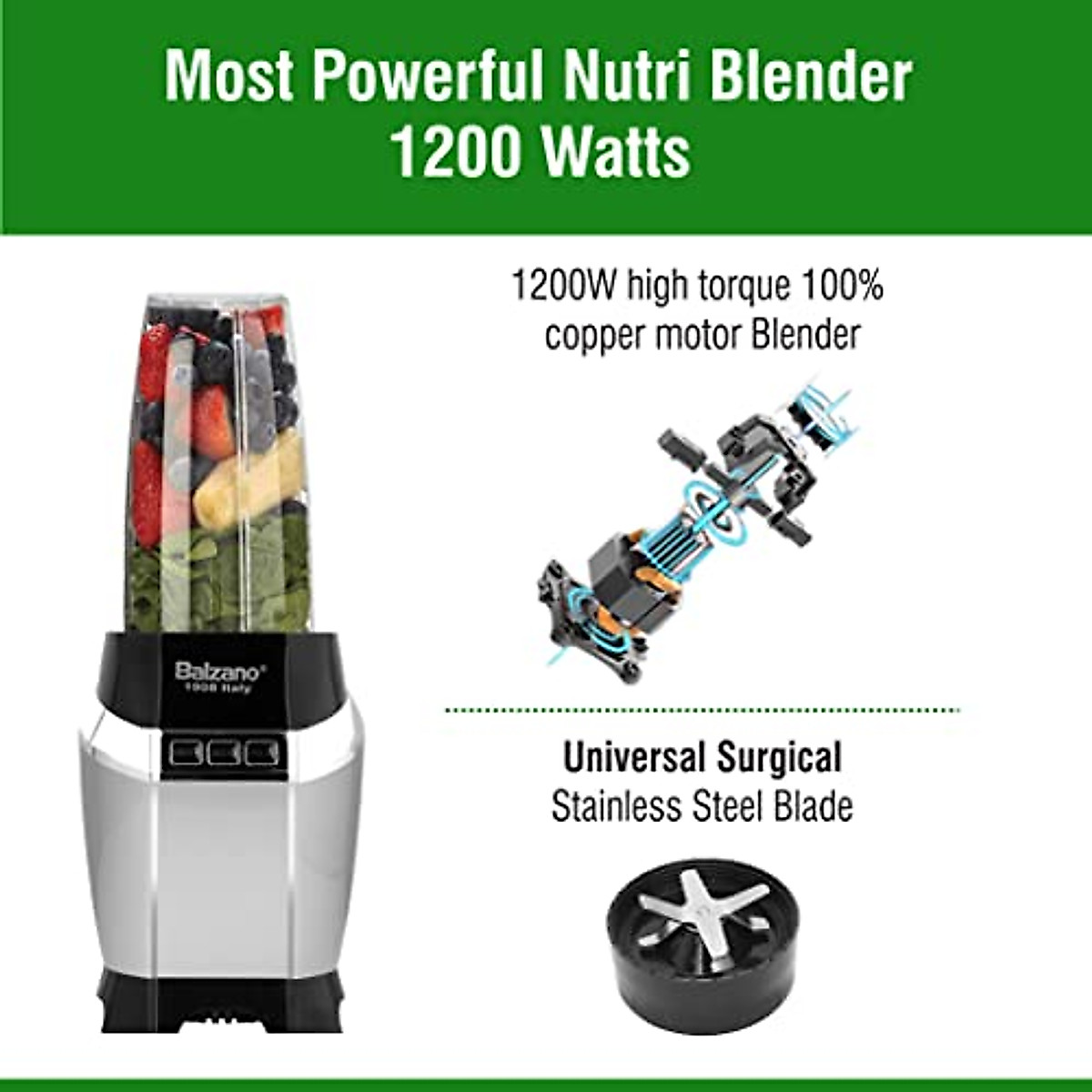 Balzano High Speed Nutri Blender/Mixer/Smoothie Maker - 1000 Watts - 8 Pcs Set, Silver Compact