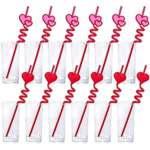 12pcs Valentine Reusable Straws Valentine's Day Plastic Straws Long Red Drinking Straws Heart Valentine's Day Party Straws for Valentine Wedding Party(Red, 12)