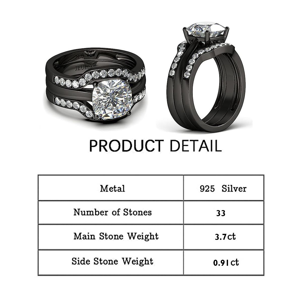 Jeulia 3.7ct Diamond Band 3PC Cushion Cut Sterling Silver Ring Set Bridal Halo Wedding Promise Ring Classic Dainty Brilliant Anniversary Engagement Art Deco Jewelry with Gift Box (Black, 7)