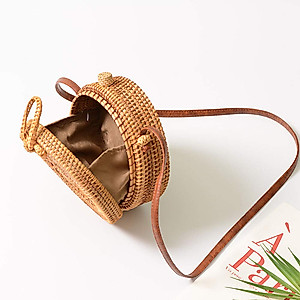 BaellerryRound Woven Ata Rattan Bag Summer Beach Shoulder Bag for Women, Beige, Medium