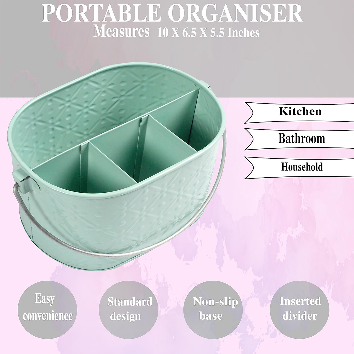 CLEENTABLE Farmhouse Chic Utensil Caddy, Green, Galvanized Steel, 10 x 6.5 x 5.5 inches, 4 Compartments, 2 lbs Capacity