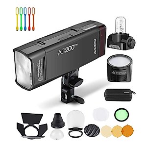 Godox AD200Pro AD200 PRO Pocket Strobe Flash, 200Ws TTL HSS 1/8000s 2.4G Studio Monolight, Lithium Battery Outdoor Speedlite with Godox H200R Ring Flash Head and Godox AK-R1 Round Head Accessories Kit