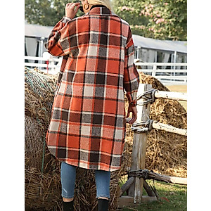 Himosyber Women's Casual Plaid Lapel Woolen Button Up Pocketed Long Shacket Coat (Red-S)