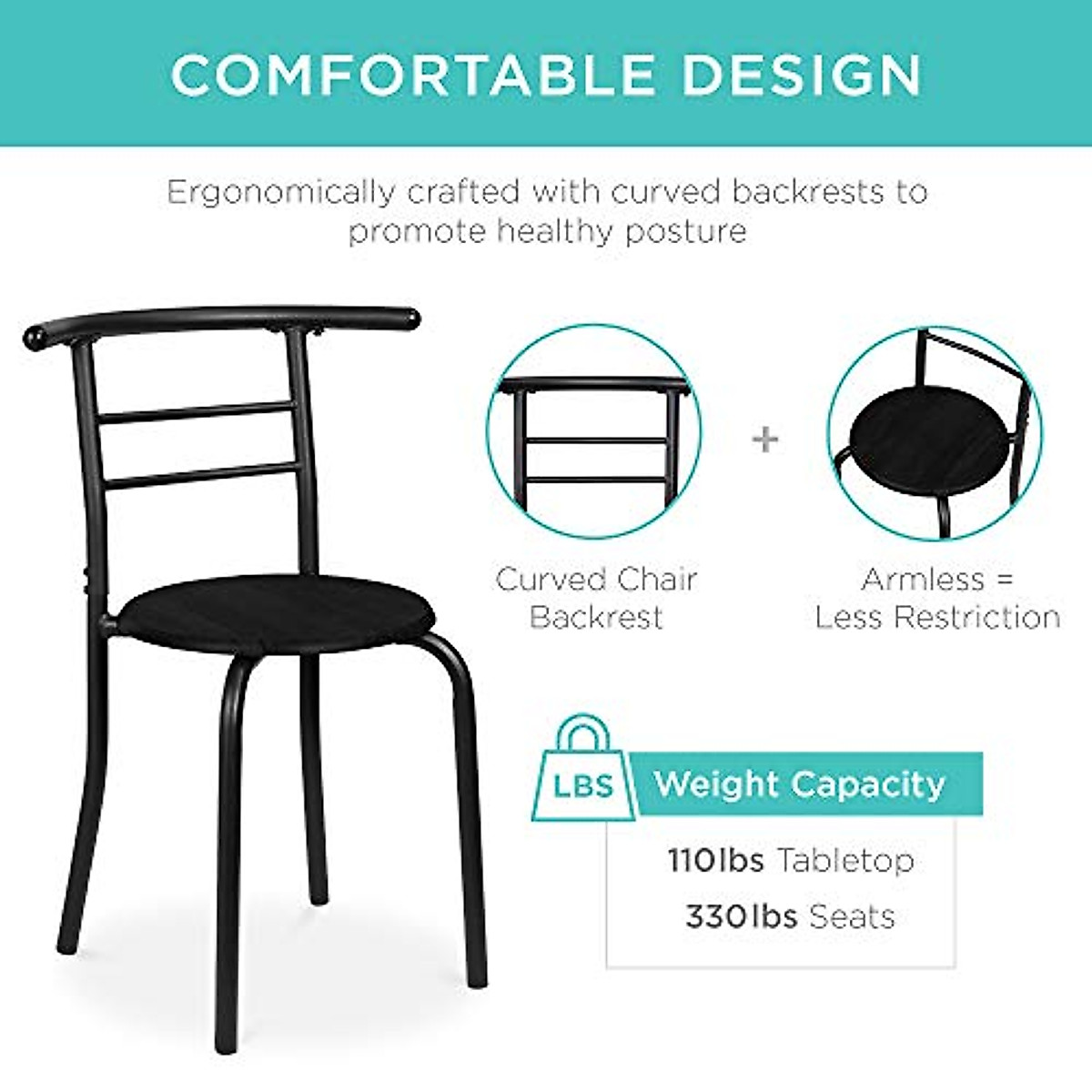 Best Choice Products 3-Piece Wooden Round Table & Chair Set for Kitchen, Dining Room, Compact Space w/Steel Frame, Built-in Wine Rack - Black