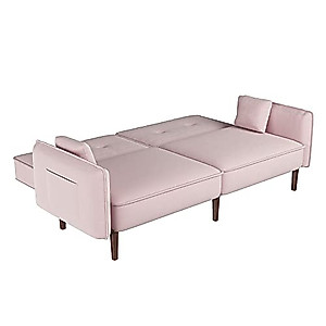 Eafurn Button Tufted Futon Bed, Modern Convertible Loveseat, Comfy Upholstered Folding Sofa & Couches with Armrest for Apartment, Compact Sofabed, Pink Cotton 75" w/Wooden Legs