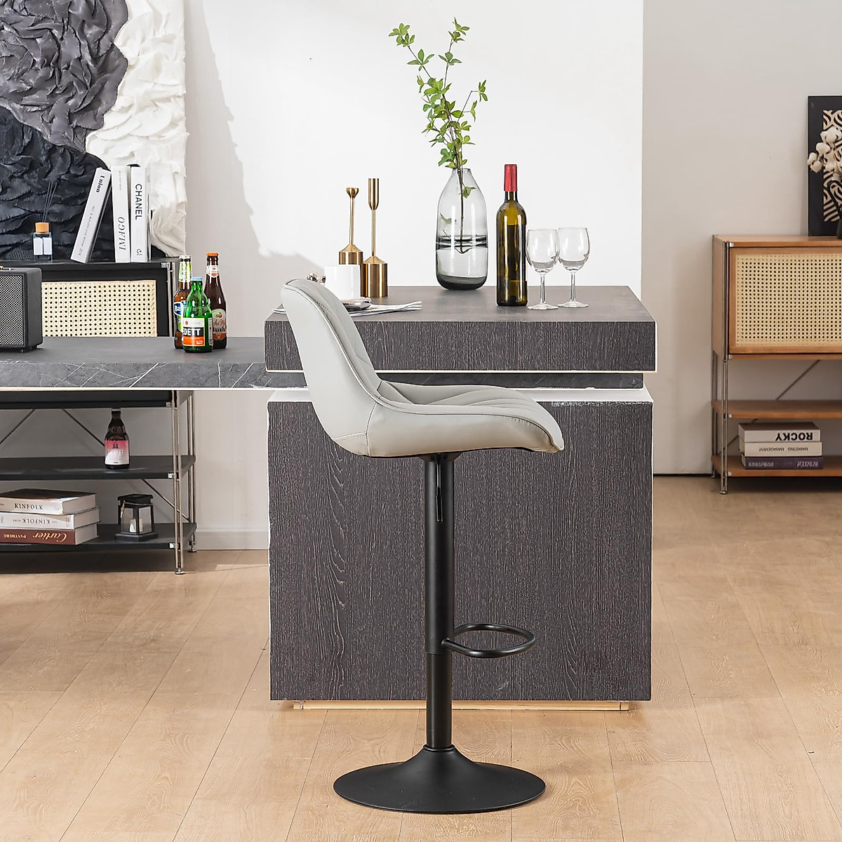 Kidol & Shellder Bar Stools Adjustable Barstools Swivel Counter Height Bar Stools Soft Thicked Faux Leather Bar Chairs,Grey,3 Mins Quick Assembly,Lold up to 300lbs(Single)