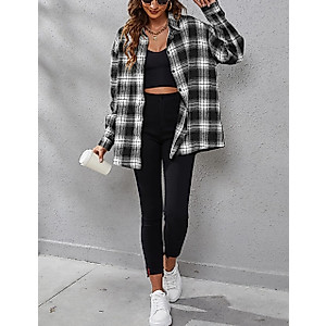 Ailoqing Plaid Shirts for Women Long Sleeve Button Down Flannel Shirts Buffalo Blouse Tops(Blackwhite-M)