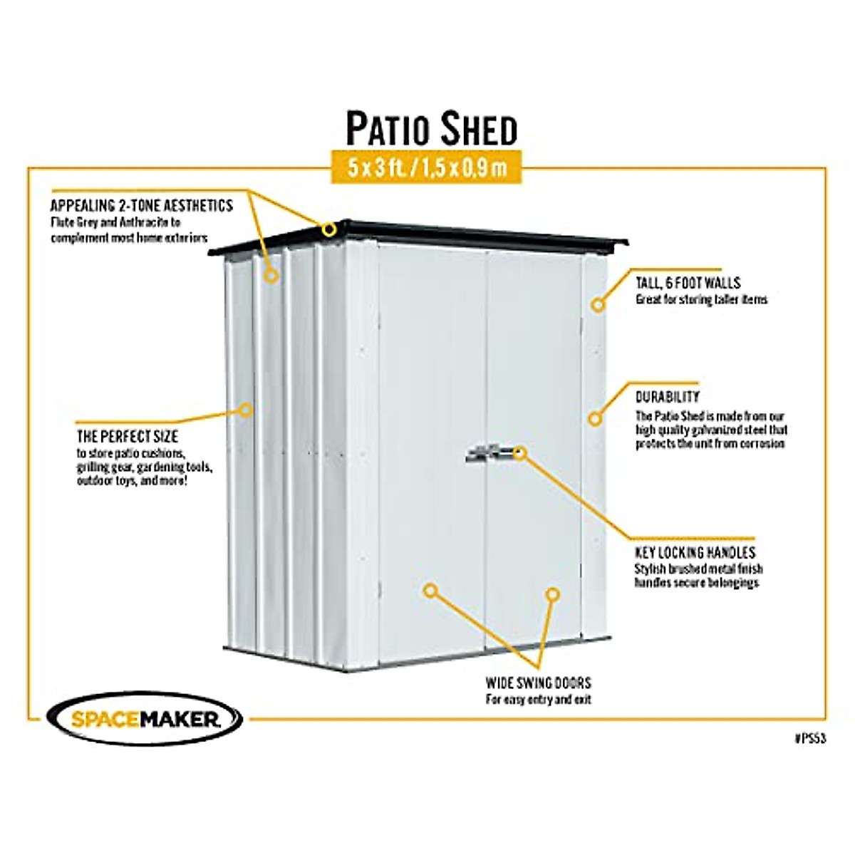 Arrow Shed Designed 5' x 3' x 6' Compact Outdoor Metal Backyard, Patio, and Garden Shed Kit, Flute Gray and Anthracite
